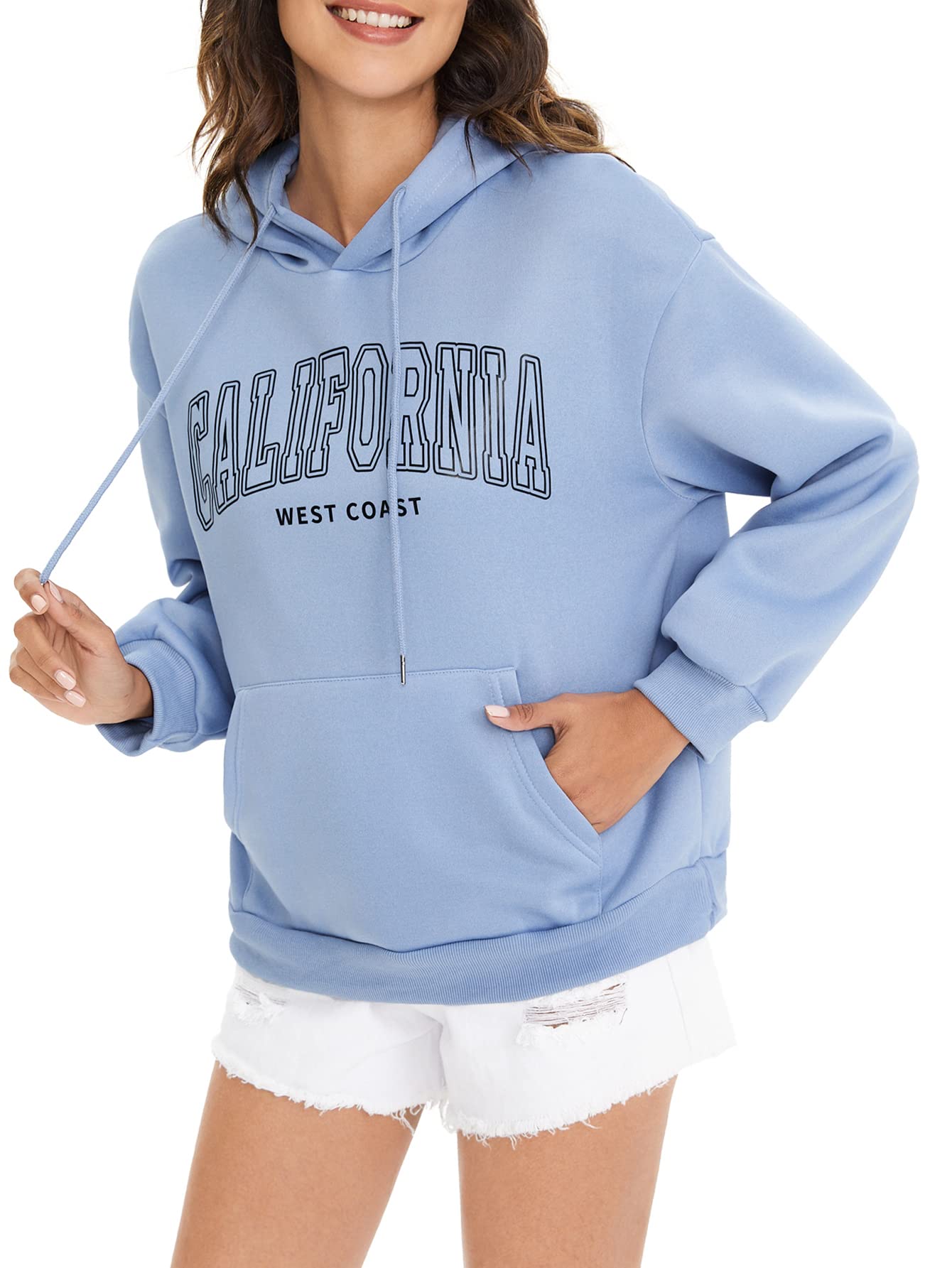 SOLY HUX Women Casual Fashion California Hoodie Los Angeles Pullover Drawstring Graphic Sweatshirt Blue S