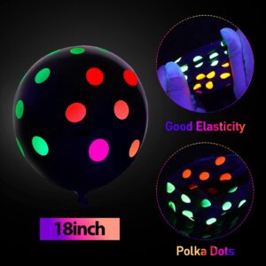 10 Pieces 18 Inch Large Neon Glow Balloons Neon Glow Latex Balloons UV Blacklight Party Balloons Fluorescent Reactive Glow Balloons Mini Polka Dots Balloons for Birthday Wedding Arch Party (Black)