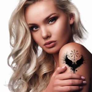 Dopetattoo 6 Sheets Temporary Tattoo Helm of Awe Viking Symbol Viking Fake Tattoos Norse Wing Tattoos Neck Chest for Women Men Adults(No more Sticky)