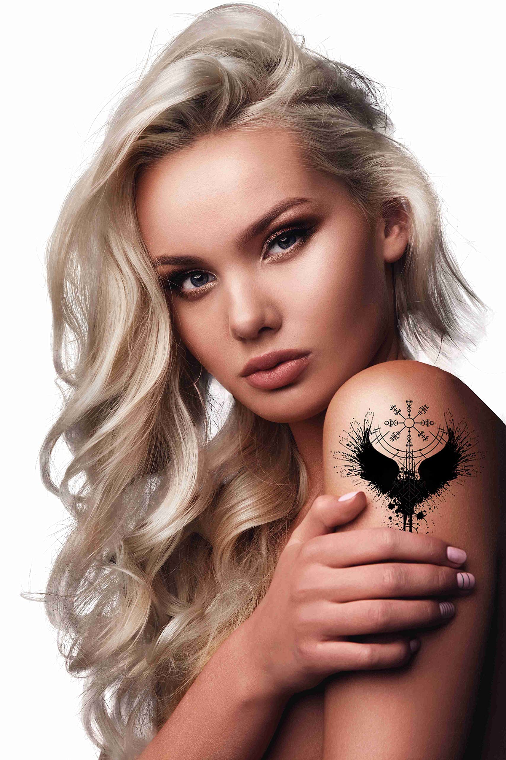 Dopetattoo 6 Sheets Temporary Tattoo Helm of Awe Viking Symbol Viking Fake Tattoos Norse Wing Tattoos Neck Chest for Women Men Adults(No more Sticky)