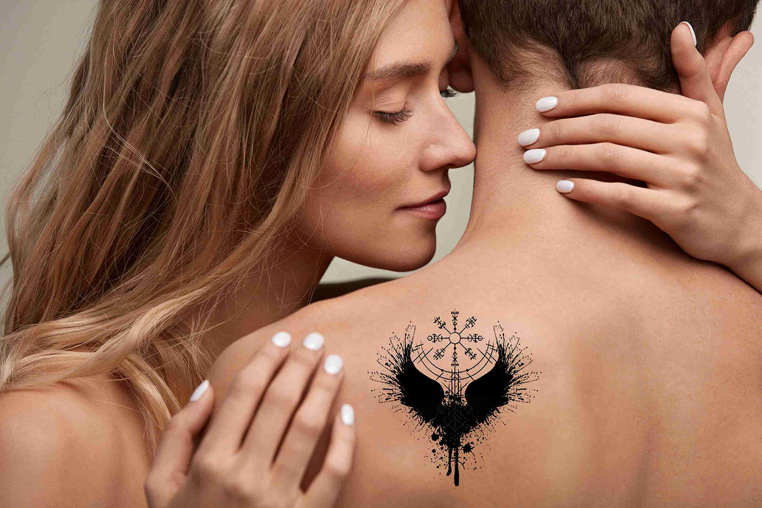 Dopetattoo 6 Sheets Temporary Tattoo Helm of Awe Viking Symbol Viking Fake Tattoos Norse Wing Tattoos Neck Chest for Women Men Adults(No more Sticky)