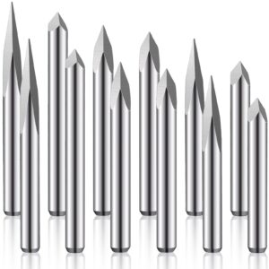 12 pieces cnc router v bits, 1/8" shank 3 edge pyramid engraving bits, 0.1 mm tip 15/20/ 30/45/ 60/90 degrees wood carving tools