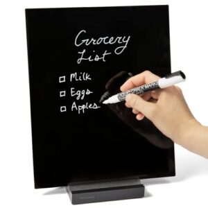 fresh logic black acrylic dry erase board with stand - 10"x12" desk whiteboard with marker - black board chalk board to do list small white board erasable - blackboard for home office school