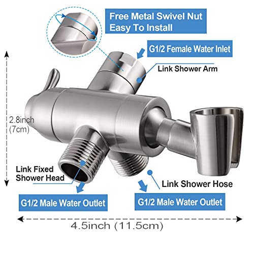 Shower Arm Diverter with Handshower Mount, G1/2 Brass Shower Diverter Valve Bathroom Universal Shower System Replacement for Handheld Shower and Fixed Shower Head(Brushed Nickle)