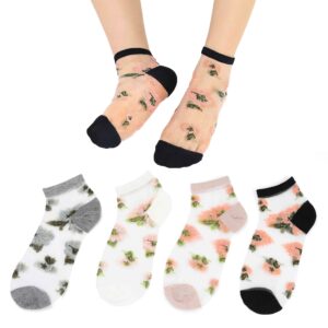 woeoe sheer mesh short ankle socks floral ultrathin transparent lace summer socks thin see through silk short stockings for women girls(4 pairs)