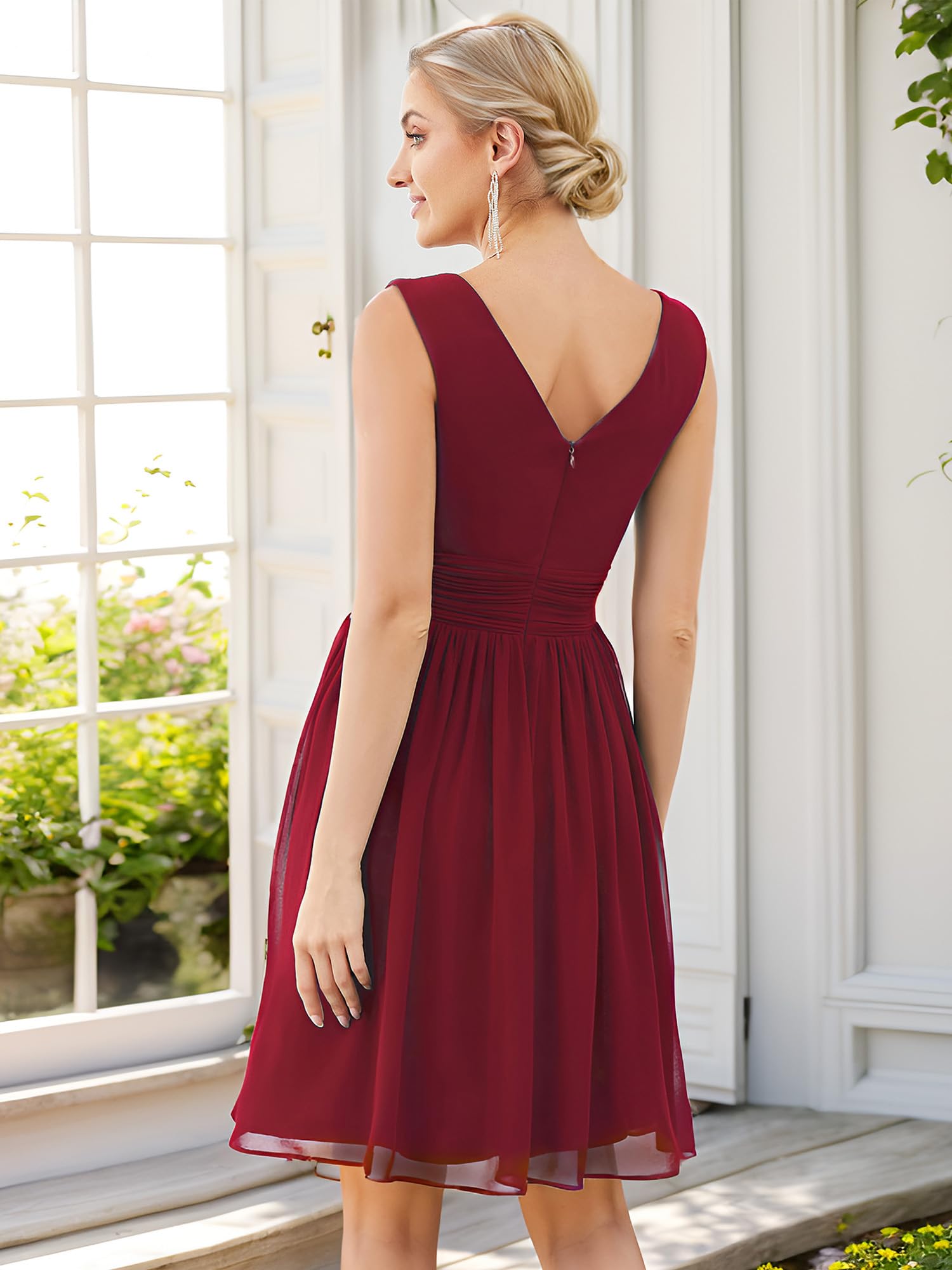 Ever-Pretty Womens V Neck A-line Knee-Length Chiffon Evening Dress Wedding Guest Dress Burgundy US6