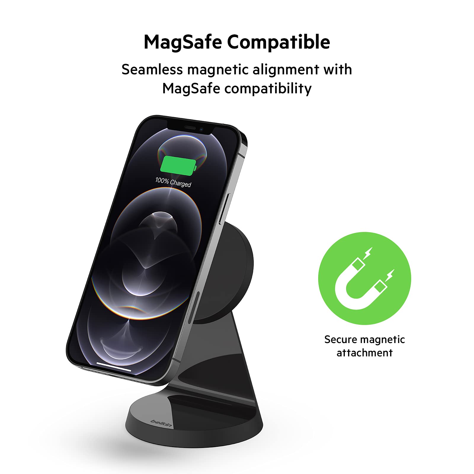 Belkin Magnetic Wireless Charger, (Power Supply Included) Wireless Charging Stand, Compatible with MagSafe for iPhone 12, 13, Pro, Pro Max, and Mini - Black