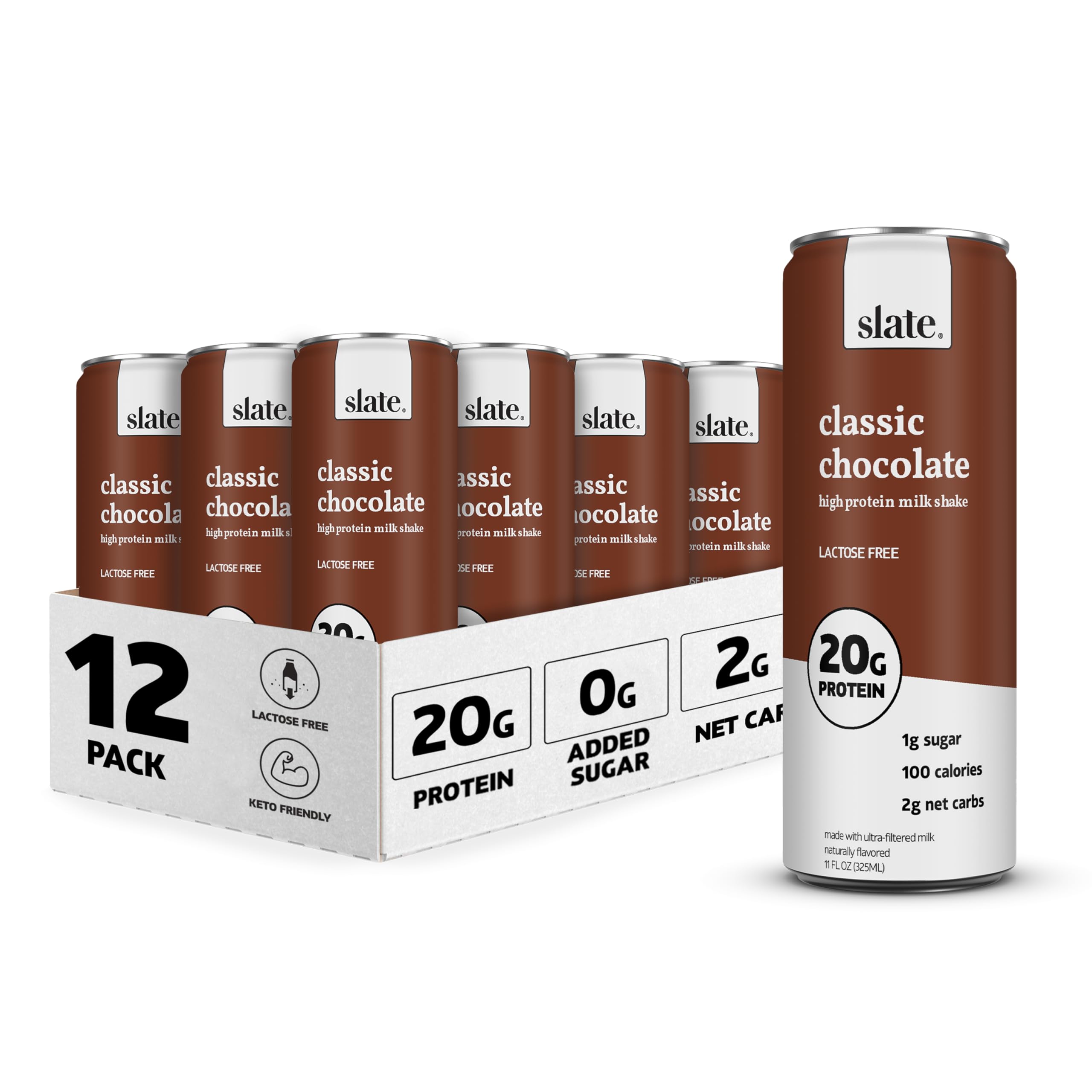 Slate Milk - High Protein Shake, Classic Chocolate, 20g Protein, 0g Added Sugar, Lactose Free, Keto, All Natural (11 oz, 12-Pack)