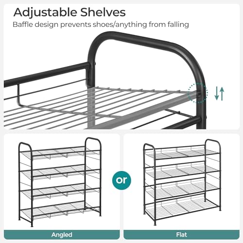 SONGMICS Stackable Shoe Rack, 4 Tier Metal Shoes Rack Storage Shelf, Holds up to 20 Pairs Shoes, Adjustable Slanted Shelves Shoe Tower Organizer for Closet Entryway Small Spaces, Black