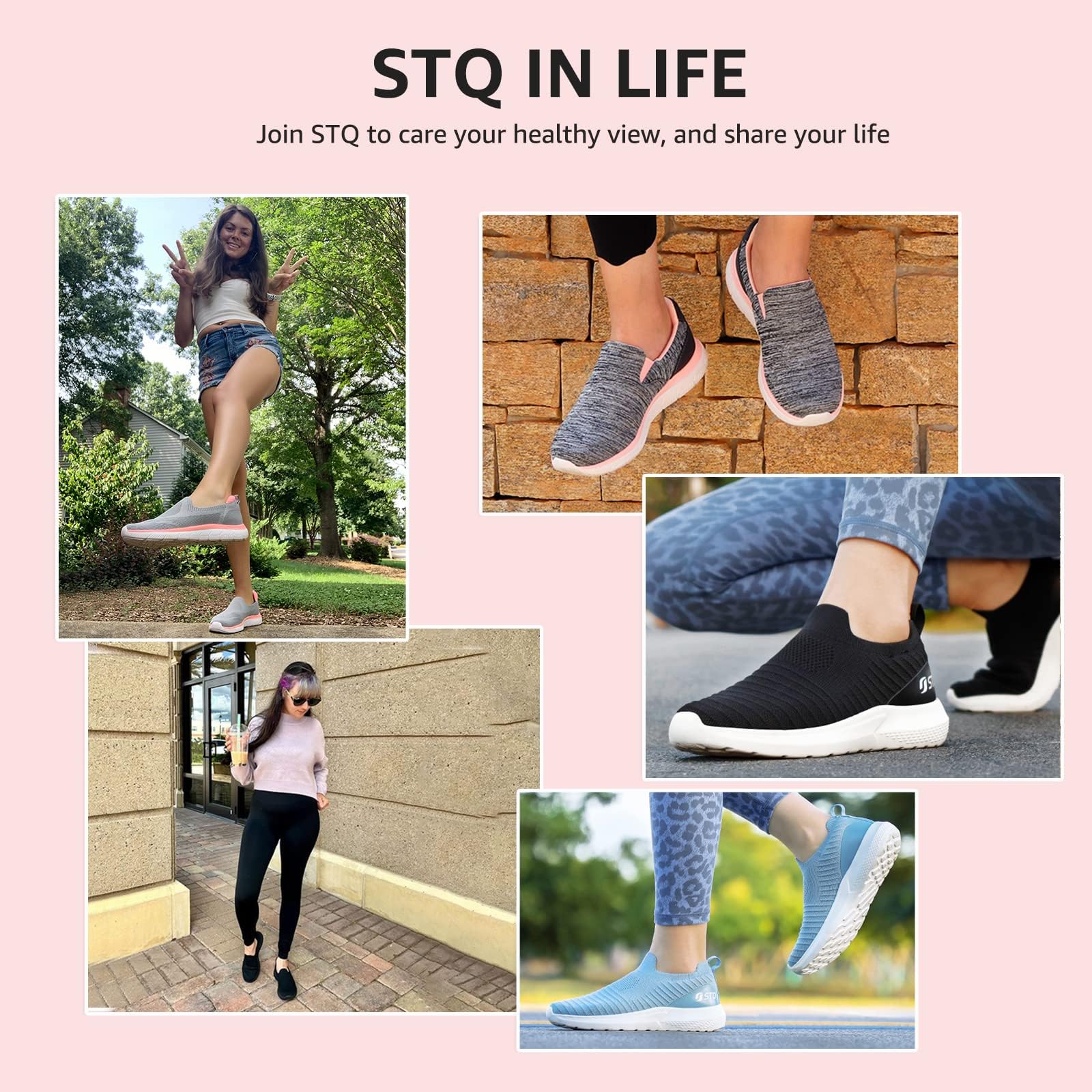 STQ Walking Shoes Women Comfortable Slip On Sneakers Lightweight Mesh Casual Work Loafer Light Grey Pink US 8