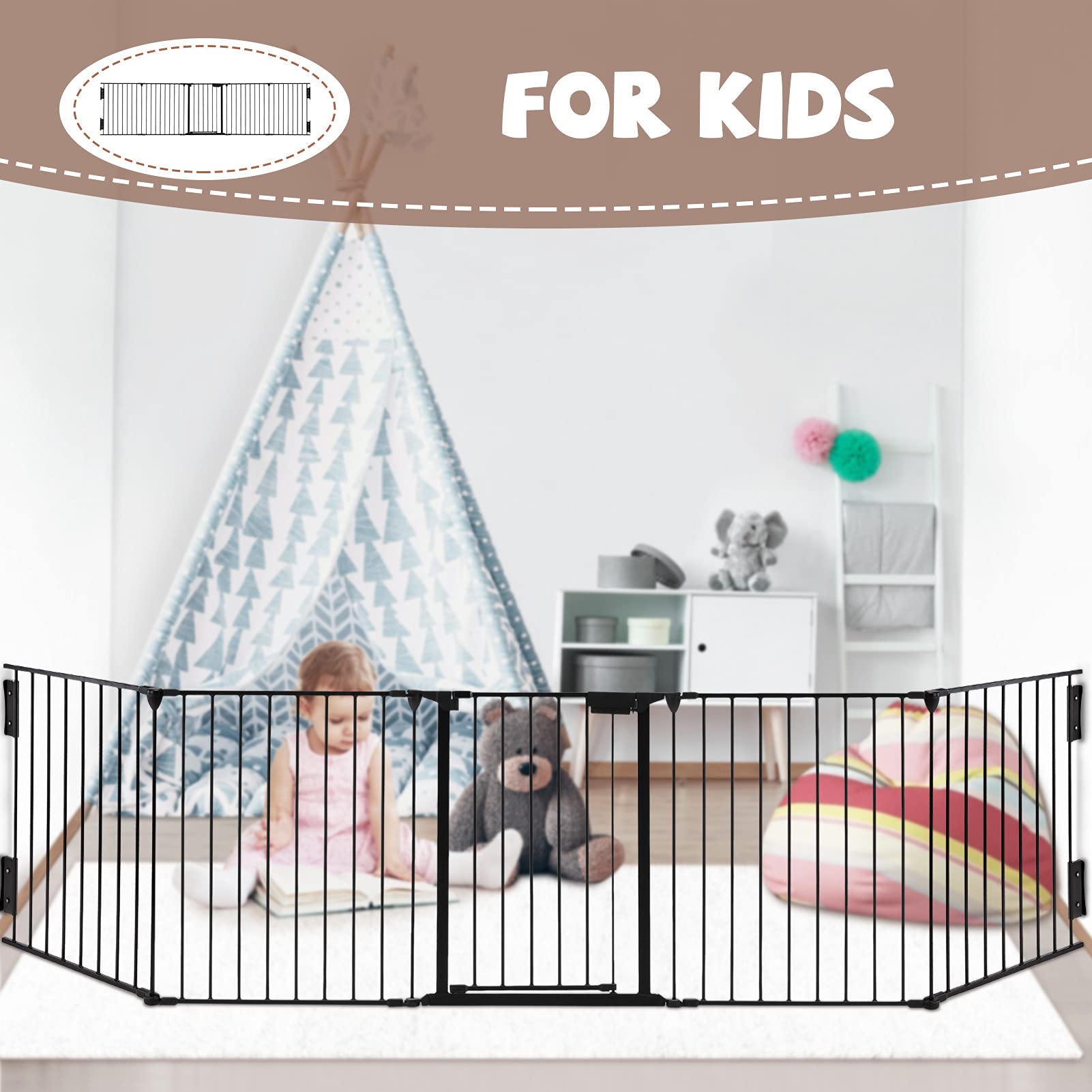 AUXSOUL 118" Wide Baby Gate Metal Safety Playpen - Fireplace Fence for Toddler/Pet/Dog, Fits 72"- 118" Wide, 5-Panel (30" H, Black)