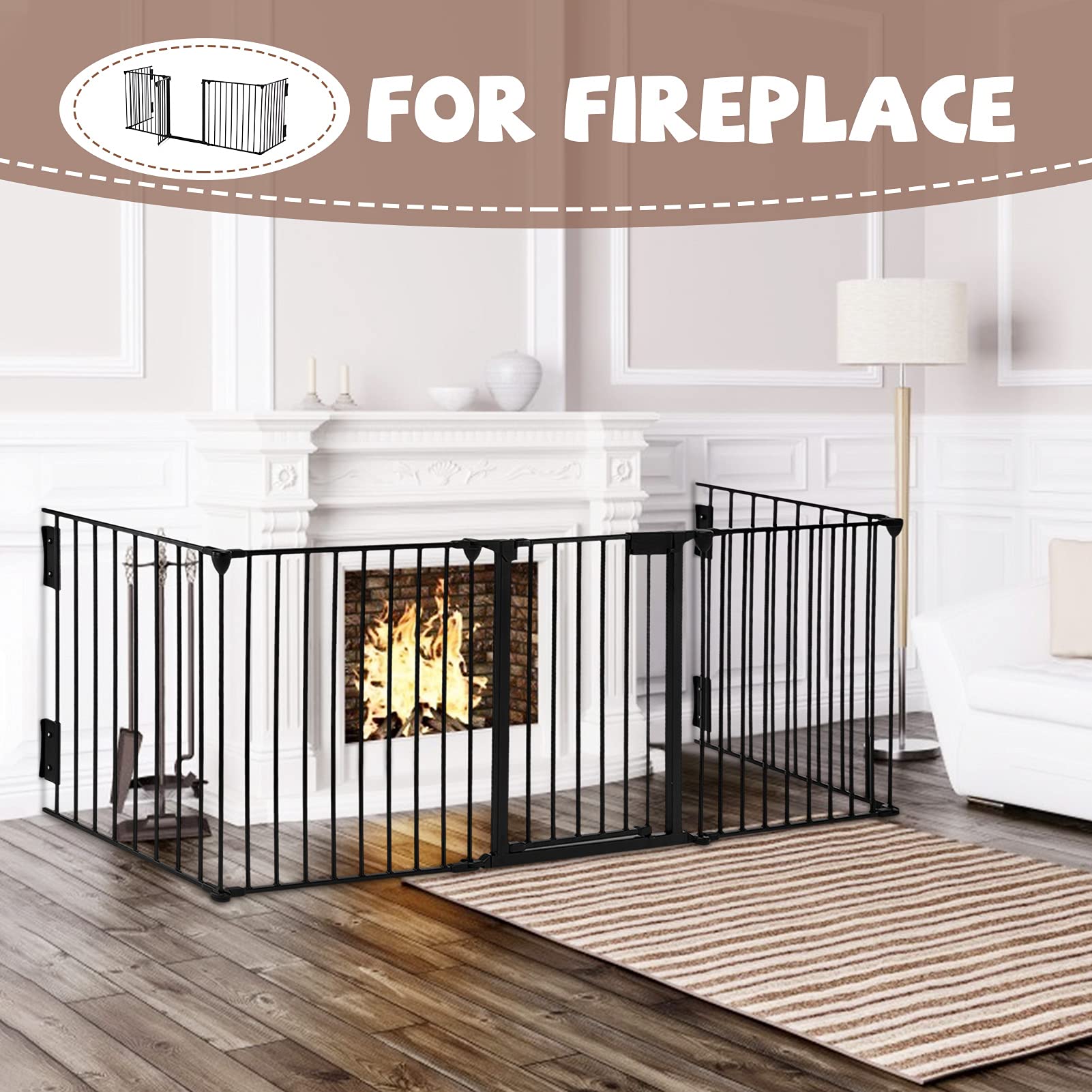 AUXSOUL 118" Wide Baby Gate Metal Safety Playpen - Fireplace Fence for Toddler/Pet/Dog, Fits 72"- 118" Wide, 5-Panel (30" H, Black)