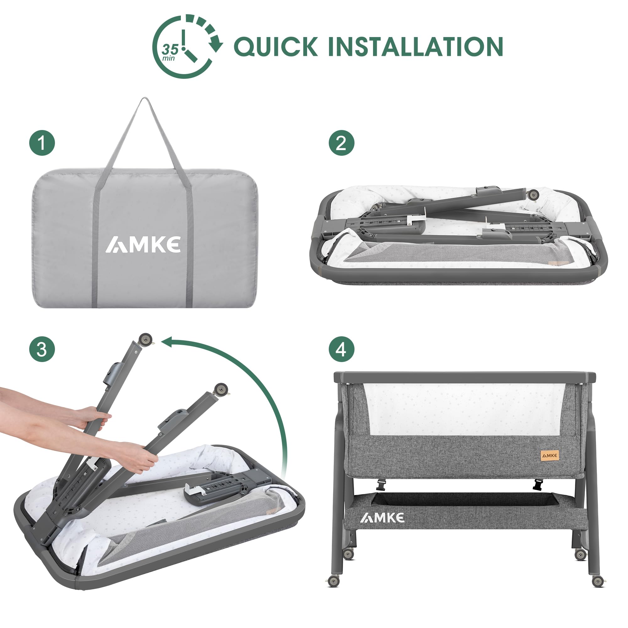 AMKE Baby Bassinets,Bedside Sleeper for Baby,35s Quick Assemble Baby Crib with Storage Basket,Portable Bassinets for Safe Co-Sleeping, Adjustable Baby Bed for Infant Newborn