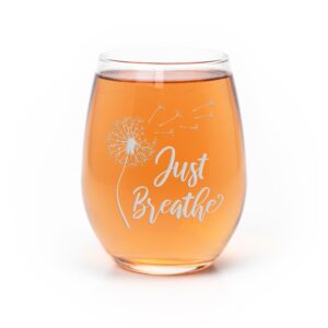 just breathe dandelion stemless wine glass - just breathe gift, dandelion gift, flower gift, momlife gift, just breathe wine glass