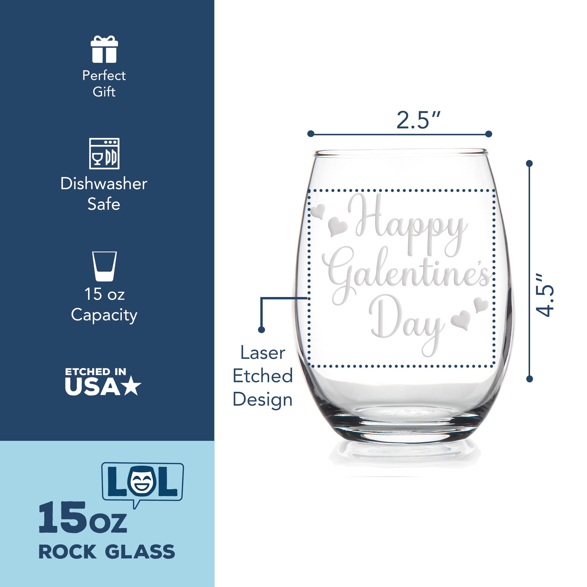 Happy Galentines Day 4 Hearts Stemless Wine Glass - Valentines Day Gift, Galentines Gift, Valentines Day Wine Glass, Galentines Wine Glass