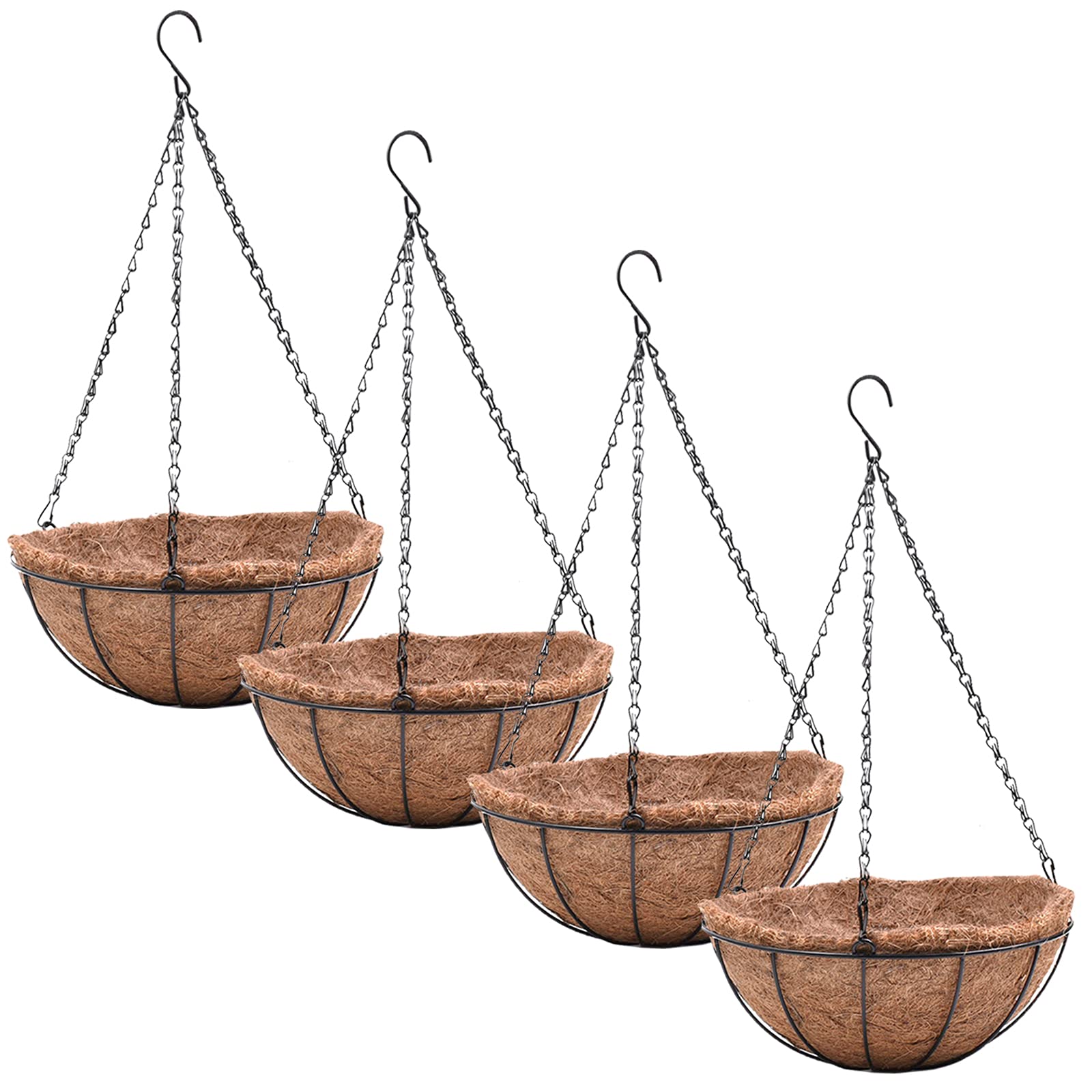 EIMQUVW 4 Pack Hanging Planter Basket with Coco Coin Liner 8 inch Hanging Flower Pots Outdoor Decorative Round Wire Plant Holder with Chain Metal Hanging Baskets for Plants Outdoor