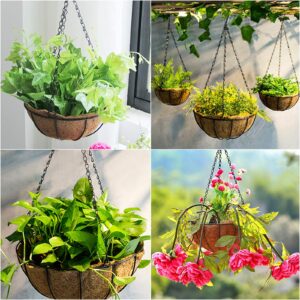 EIMQUVW 4 Pack Hanging Planter Basket with Coco Coin Liner 8 inch Hanging Flower Pots Outdoor Decorative Round Wire Plant Holder with Chain Metal Hanging Baskets for Plants Outdoor