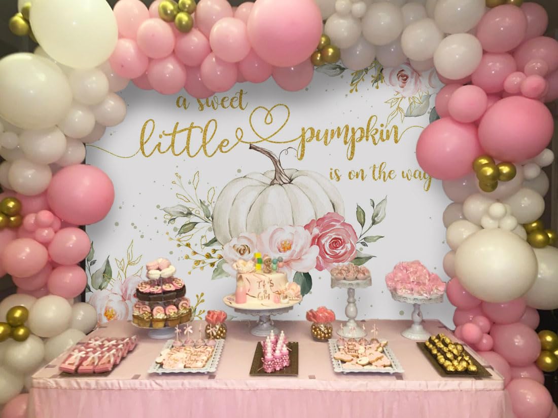 Avezano Pumpkin Baby Shower Backdrop for Girl Pink Floral Fall Pumpkin Baby Shower Party Decorations Banner Autumn Little Pumpkin is on The Way Background Photoshoot Booth Studio Props(7x5ft)