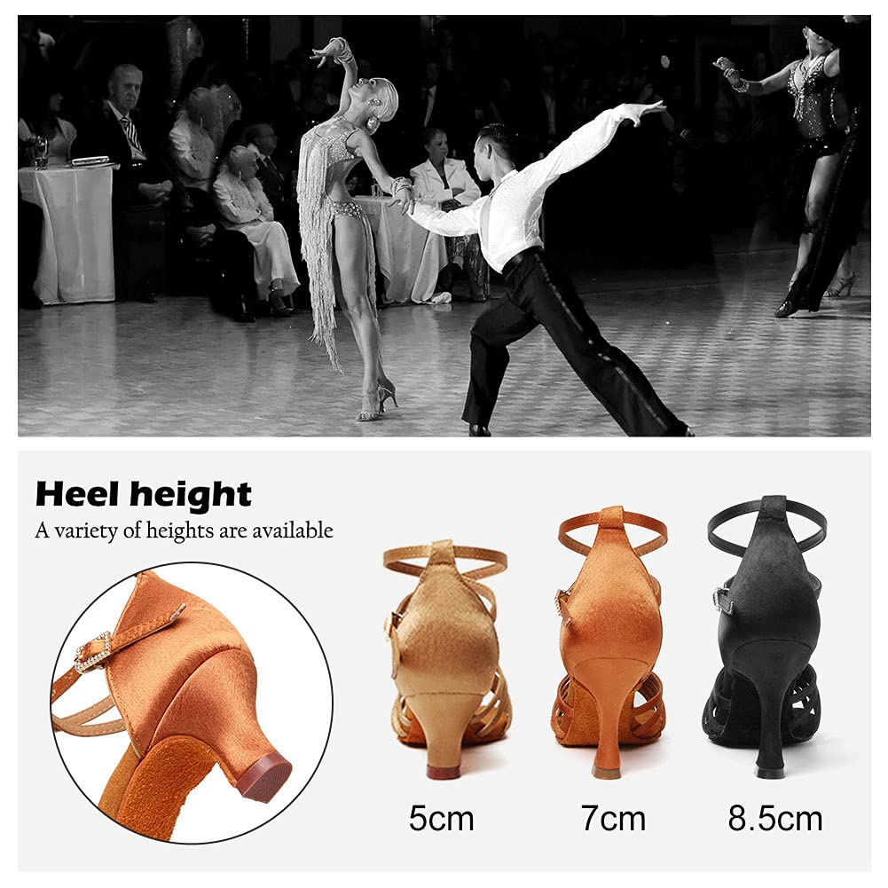 TINRYMX Women's Latin Dance Shoes Satin Ballroom Salsa Cha-cha Professional Practice Dance Shoes,EM217-Brown-2 Inch,6 US