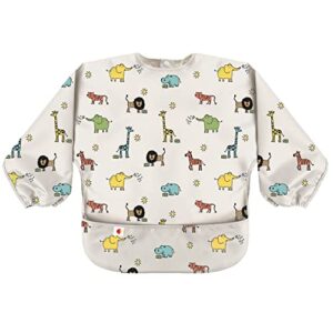 long sleeve baby bib for boys and girls w/food catcher pocket - waterproof, wipe clean, machine wash, fast drying feeding smock - recycled polyester - animal print suitable for babies to toddlers