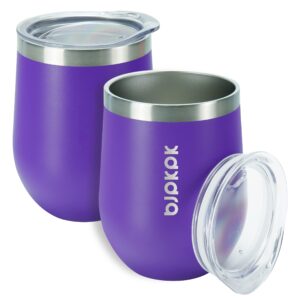 bjpkpk 2 pcs 12oz insulated wine tumbler, 12oz insulated wine tumbler with lid,unbreakable stainless steel wine glasses, insulated tumbler for home & outdoor,dark purple