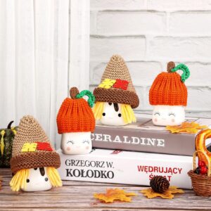 satinior 4 pcs marshmallow mug hat crochet thanksgiving fall mug topper cute tiered tray decoration display for coffee hot chocolate cup coffee mug, marshmallow mug not included (pumpkin style)