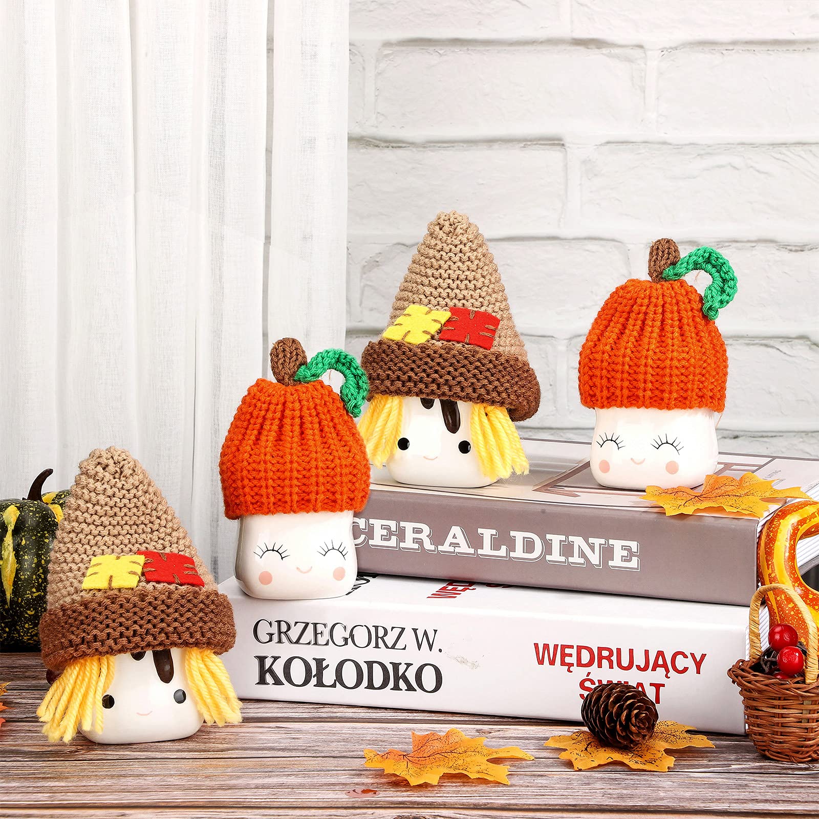 SATINIOR 4 Pcs Marshmallow Mug Hat Crochet Thanksgiving Fall Mug Topper Cute Tiered Tray Decoration Display for Coffee Hot Chocolate Cup Coffee Mug, Marshmallow Mug Not Included (Pumpkin Style)