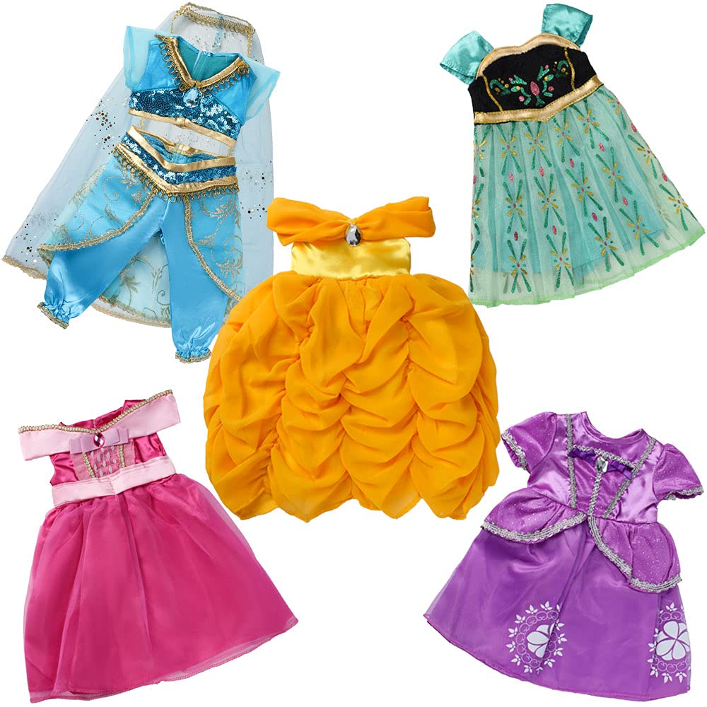 18 Inch Doll Clothes Accessories - 5 Pc Different Princess Costume Dress Set Includes Jasmine,Anna,Belle,Rapunzel and Aurora Fits All 18" Doll