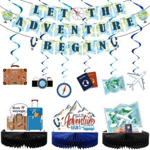 16 pieces travel themed party decorations let the adventure begin banner bon voyage party decorations travel honeycomb centerpieces for travel baby shower graduation retirement farewell party supplies