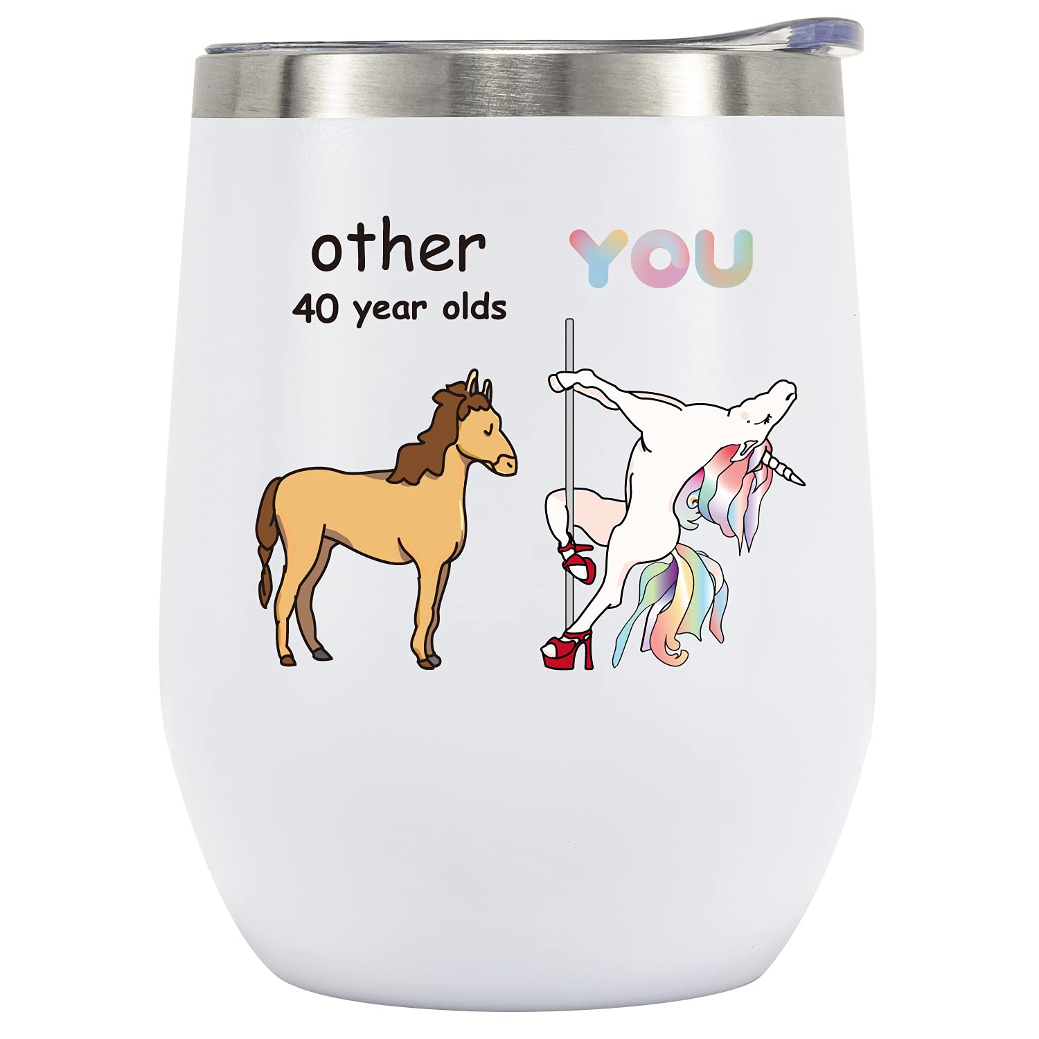 Crisky 40th Birthday Gifts for Women friends-40th bday gifts women-Funny Unicorn Wine Tumbler 12 OZ with Lid, Straw