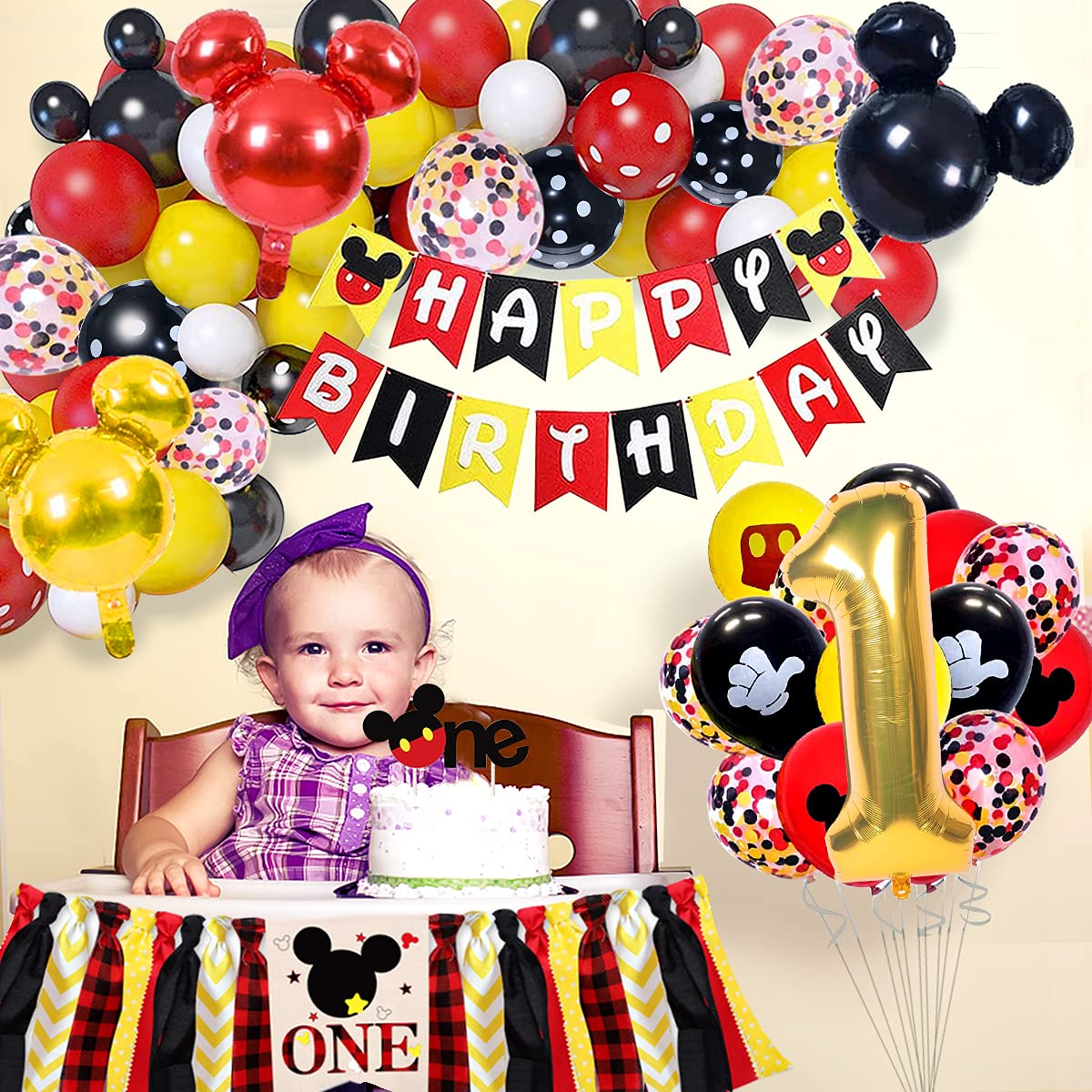 Mickey 1st Birthday Party Supplies Include Banner, Welcome Sign Door Hanger, Cake Topper, Confetti, Hat, High Chair Banner, Balloons Graland Arch, for Mickey Theme Mouse Party Decorations