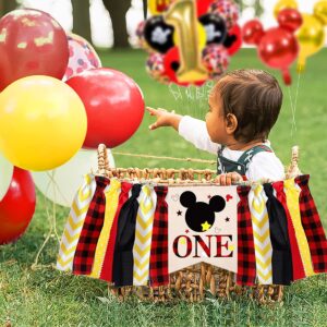 Mickey 1st Birthday Party Supplies Include Banner, Welcome Sign Door Hanger, Cake Topper, Confetti, Hat, High Chair Banner, Balloons Graland Arch, for Mickey Theme Mouse Party Decorations