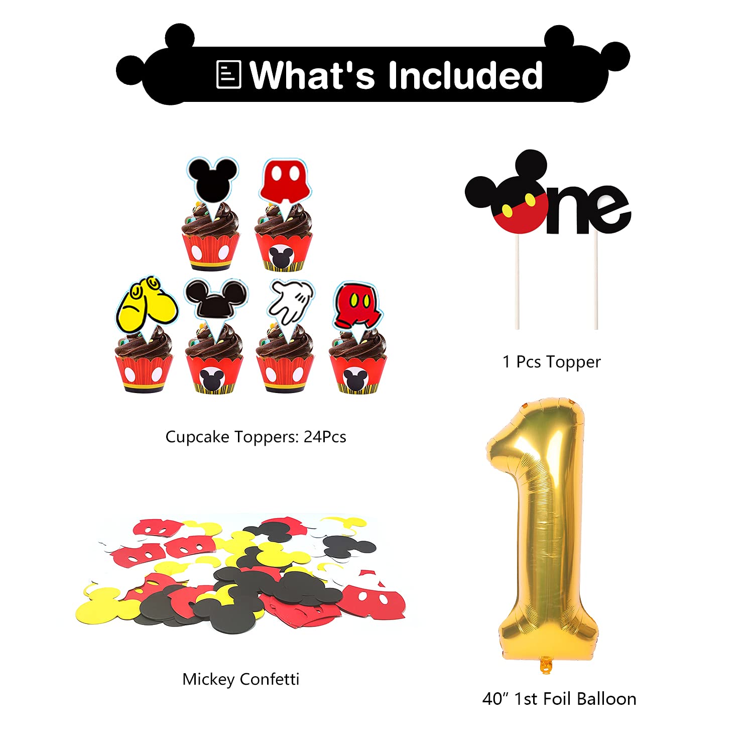 Mickey 1st Birthday Party Supplies Include Banner, Welcome Sign Door Hanger, Cake Topper, Confetti, Hat, High Chair Banner, Balloons Graland Arch, for Mickey Theme Mouse Party Decorations