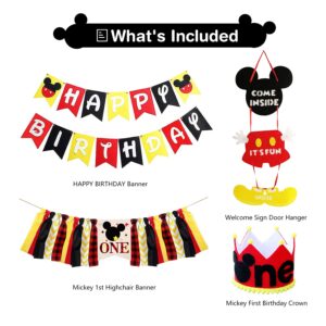 Mickey 1st Birthday Party Supplies Include Banner, Welcome Sign Door Hanger, Cake Topper, Confetti, Hat, High Chair Banner, Balloons Graland Arch, for Mickey Theme Mouse Party Decorations