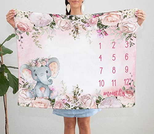 Popfavors Yuzioey Baby Girl Monthly Milestone Blanket, Floral Elephant Month Blanket for Newborn Baby Shower, Pink Elephant Girl Flower Blanket Growth Chart Monthly Blanket, Includes Marker (50x40)