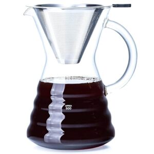 Unbreakable Pour Over Coffee Maker with Permanent Stainless Filter 27 fl oz, Thickened Heat-Resistant Borosilicate Glass Dripper Coffee Pour Over, Stovetop Safe, 6-7 Cups