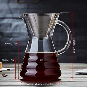 Unbreakable Pour Over Coffee Maker with Permanent Stainless Filter 27 fl oz, Thickened Heat-Resistant Borosilicate Glass Dripper Coffee Pour Over, Stovetop Safe, 6-7 Cups