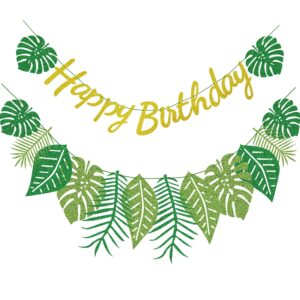 hawaiian party happy birthday banner - hawaiian party decoration, birthday banner for luau party supplies, and tropical party palm leaf decorations glitter decor