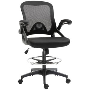 vinsetto mesh drafting chair, tall office chair with lumbar support, flip-up armrests, footrest ring and adjustable seat height, black