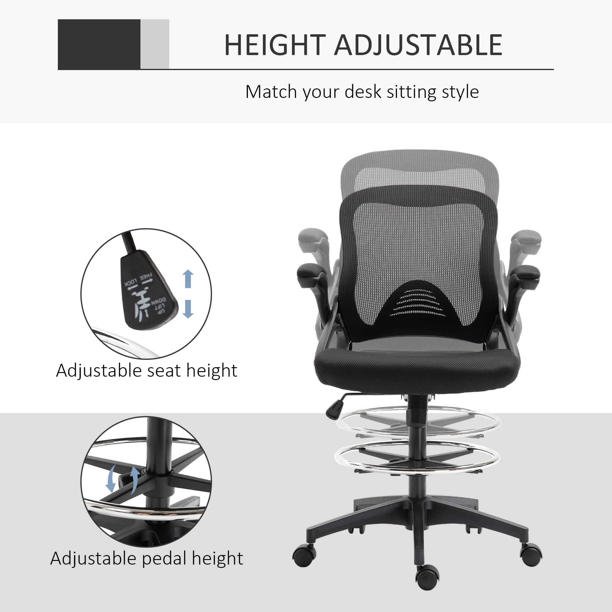 Vinsetto Mesh Drafting Chair, Tall Office Chair with Lumbar Support, Flip-Up Armrests, Footrest Ring and Adjustable Seat Height, Black