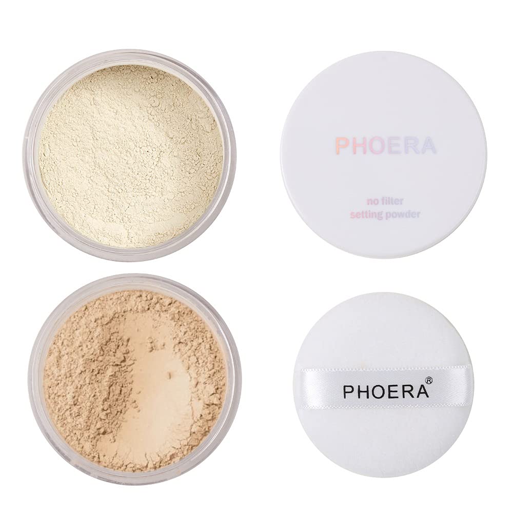 2 Pcs PHOERA Setting Powder, Control Oil Brighten Skin Color Cover Blemish Face Setting Loose Powder。 (01# Translucent & 02# Cool Beige)