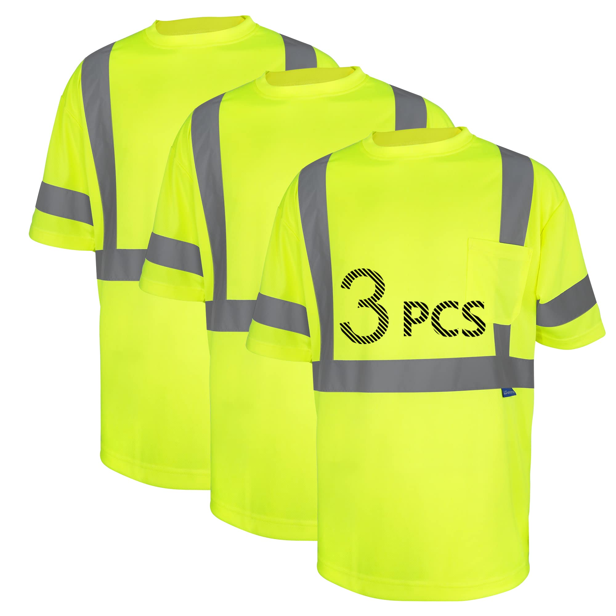 LX Reflective Safety Shirt Short Sleeve High Visibility Reflective Breathable Fast Dry T Shirt for Work Warehouse Cycling Construction Class 3 Yellow-3Pcs, XL