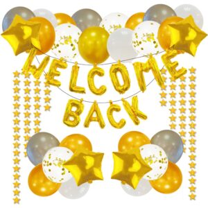 66 pieces welcome back balloon banner decorations kit with gold welcome back and star banner gold silver confetti glitter balloons star shape balloons for school classroom, wedding, home party decors