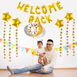 66 Pieces Welcome Back Balloon Banner Decorations Kit with Gold Welcome Back and Star Banner Gold Silver Confetti Glitter Balloons Star Shape Balloons for School Classroom, Wedding, Home Party Decors