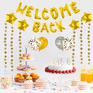 66 Pieces Welcome Back Balloon Banner Decorations Kit with Gold Welcome Back and Star Banner Gold Silver Confetti Glitter Balloons Star Shape Balloons for School Classroom, Wedding, Home Party Decors