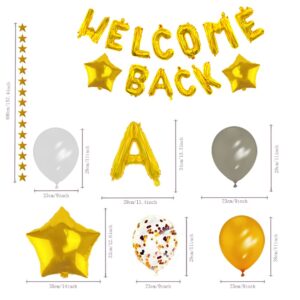 66 Pieces Welcome Back Balloon Banner Decorations Kit with Gold Welcome Back and Star Banner Gold Silver Confetti Glitter Balloons Star Shape Balloons for School Classroom, Wedding, Home Party Decors