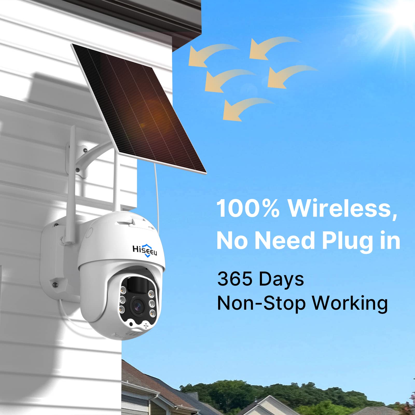 Hiseeu Wireless Solar Security Camera, 4MP Home WiFi Camera Outdoor, 100% Wireless, PIR Motion Detection, Color Night Vision, Two-Way Audio, Siren/Light Alarm, IP66 Waterproof, 2.4G WiFi