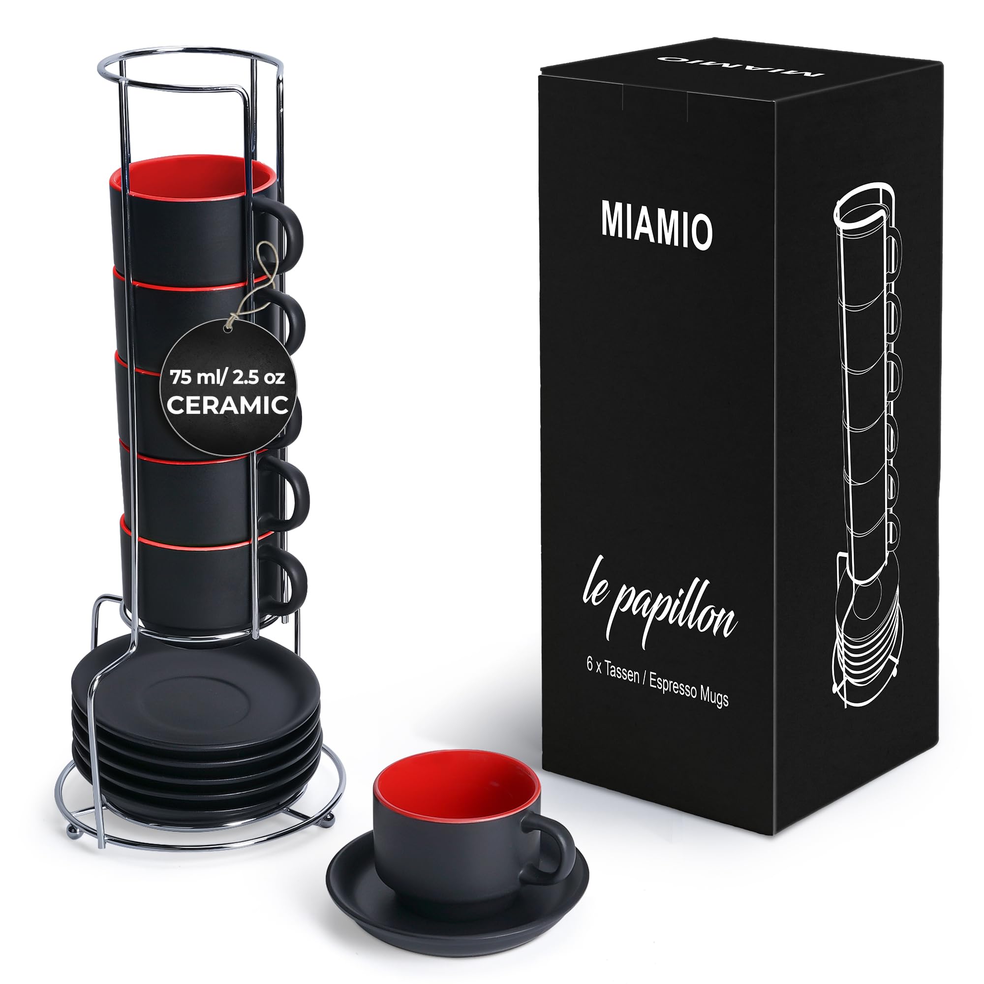 MIAMIO - 2.5 oz Espresso Cup Set with Saucers Coffee Mug Set of 6 - Ceramic Coffee Mug Stackable Espresso Mug with Stand for Coffee Drinks, Latte, Cafe Mocha - Le Papillon Collection (Red)