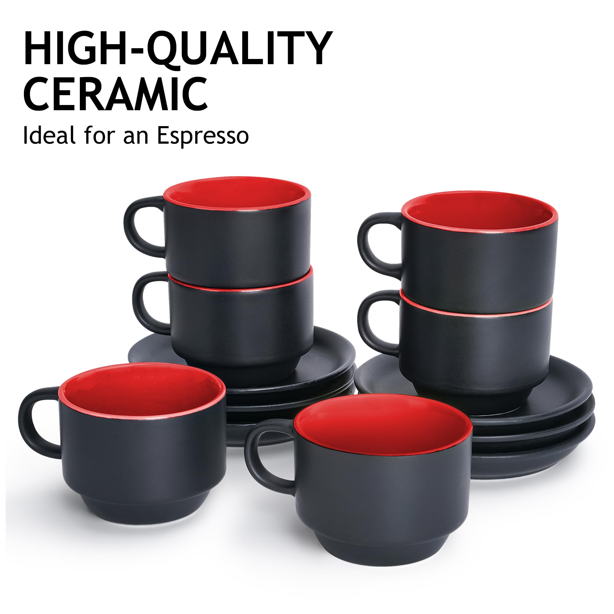 MIAMIO - 2.5 oz Espresso Cup Set with Saucers Coffee Mug Set of 6 - Ceramic Coffee Mug Stackable Espresso Mug with Stand for Coffee Drinks, Latte, Cafe Mocha - Le Papillon Collection (Red)