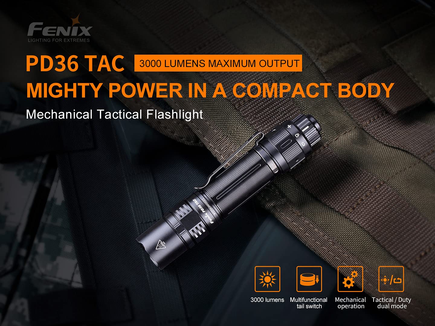 Fenix PD36 TAC Tactical Flashlight, 3000 Lumen USB-C Rechargeable, with LumenTac Organizer